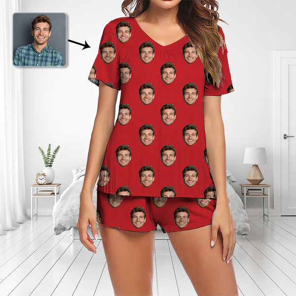 Custom Photo Pajamas Set Short Sleeve V-neck Pajama Women's Shorts Paj ...